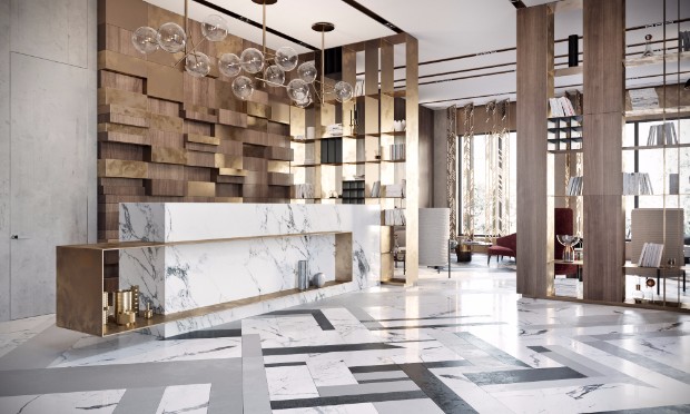 Modern Lobby in Moscow with Unique Lamps