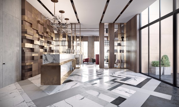 Modern Lobby in Moscow with Unique Lamps